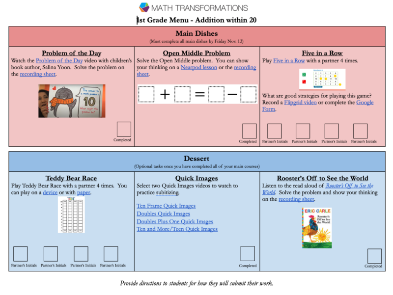 Math Choice Boards, Menus, and Playlists | Math Transformations