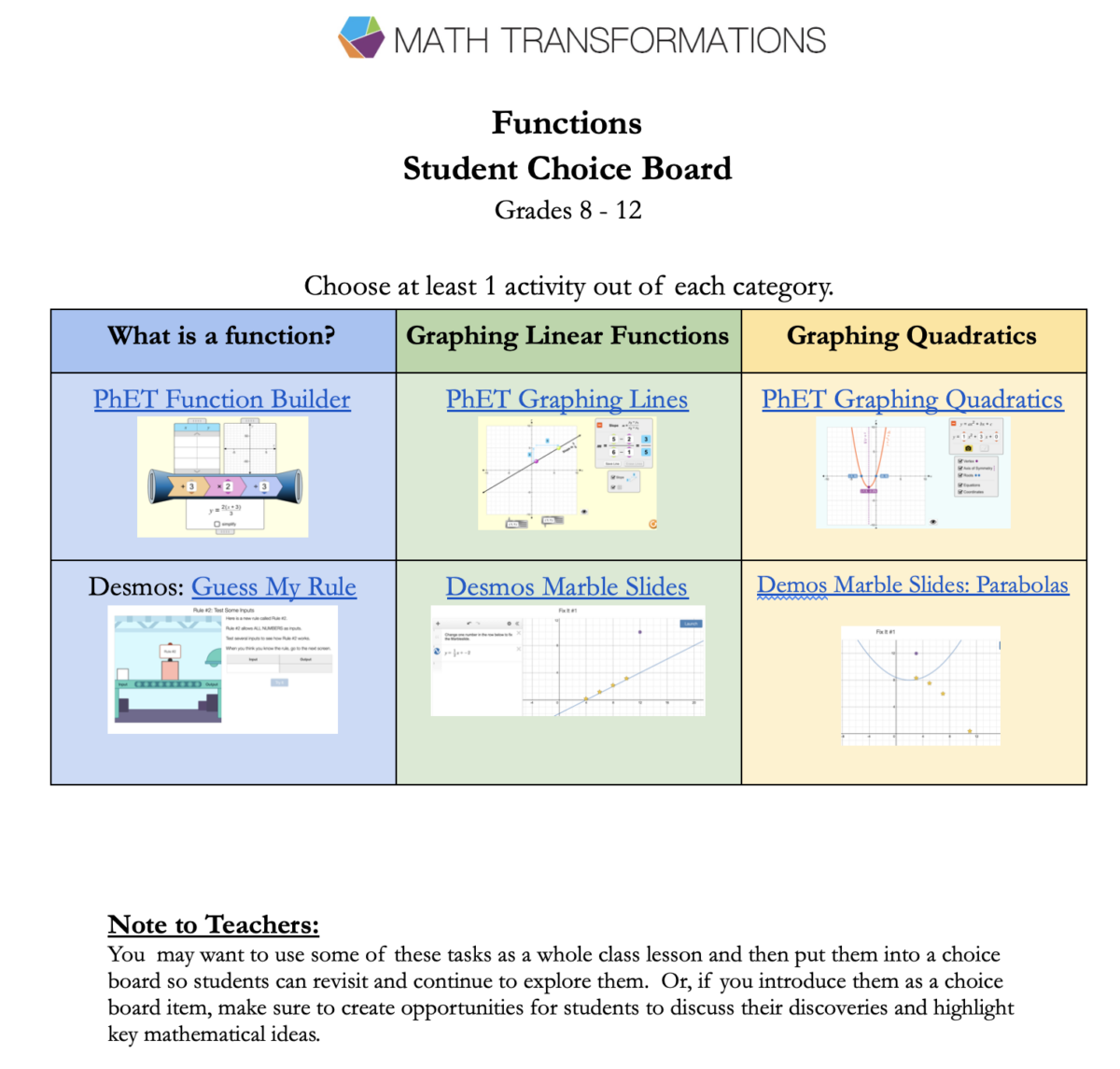 Math Choice Boards, Menus, and Playlists | Math Transformations